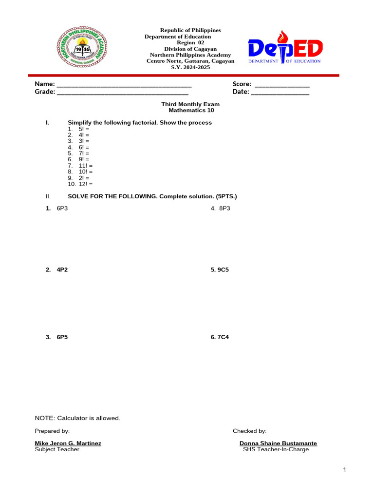 Math 10 Third Monthly Exam Guide | PDF
