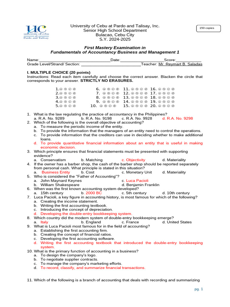 1ST MASTERY TEST FABM 1 g11 | PDF | Accounting | Audit