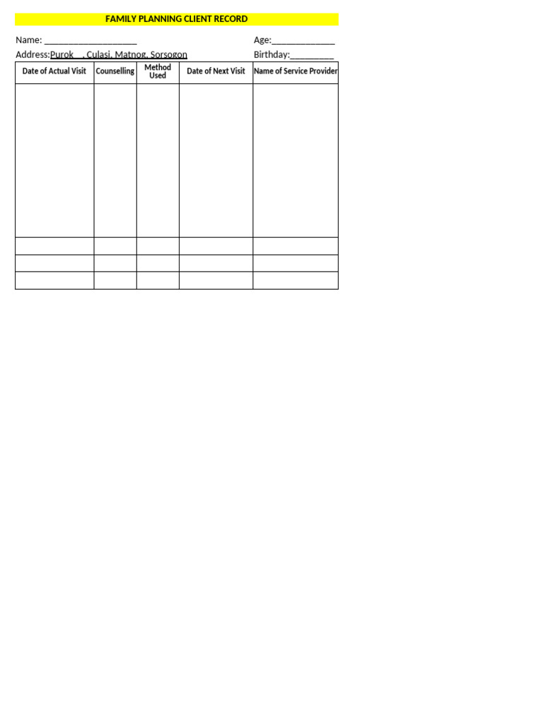Family Planning Client Record Form | PDF