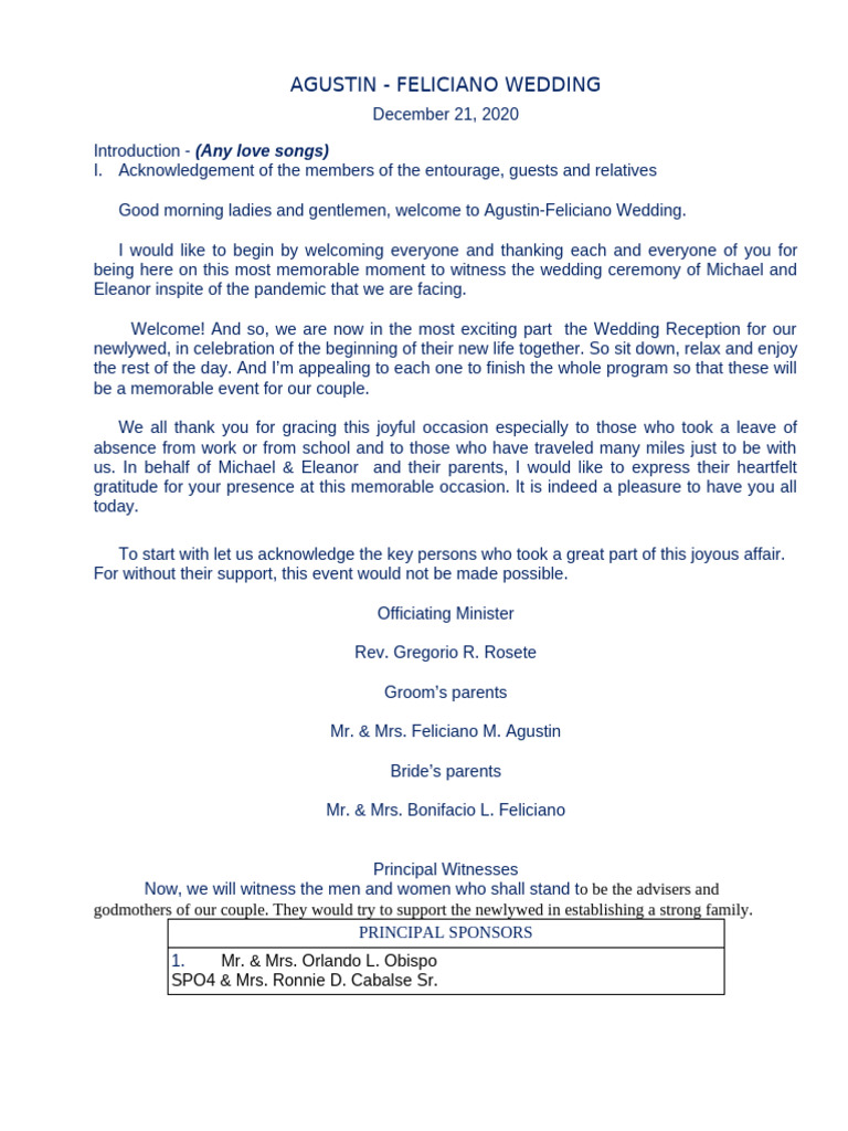 Script For Wedding and Reception Ceremenony | PDF | Wedding | Social ...