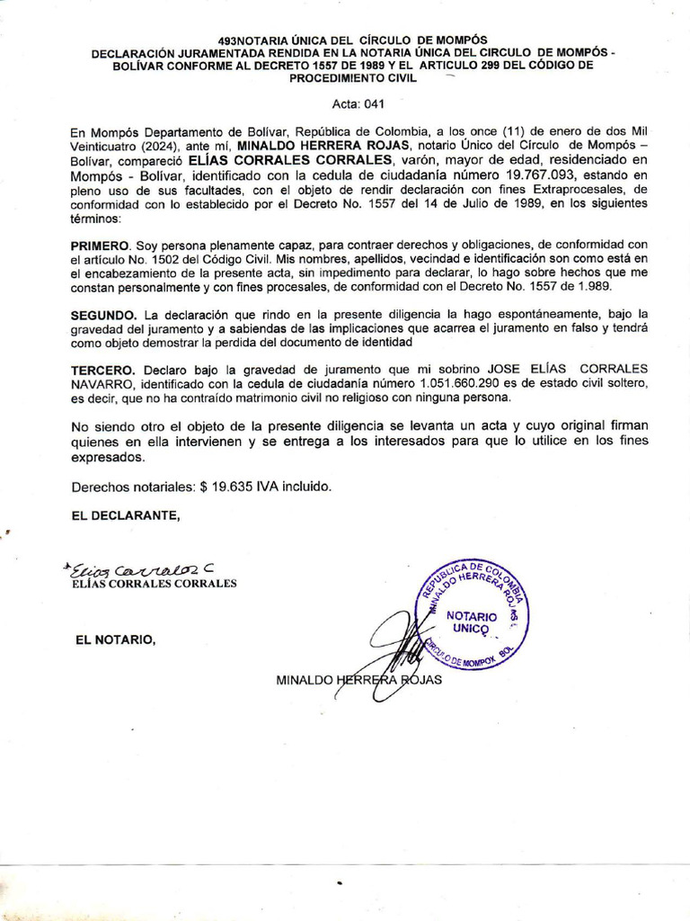 Declaracion Juramentada Solteria JOSE ELIAS CORRALES NAVARRO | PDF