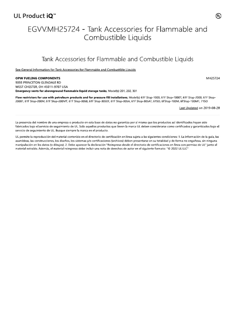 62-Certificado UL Acoples de Descargue Tipo Rodamiento y Valvulas de Sobrellenado OPW | PDF