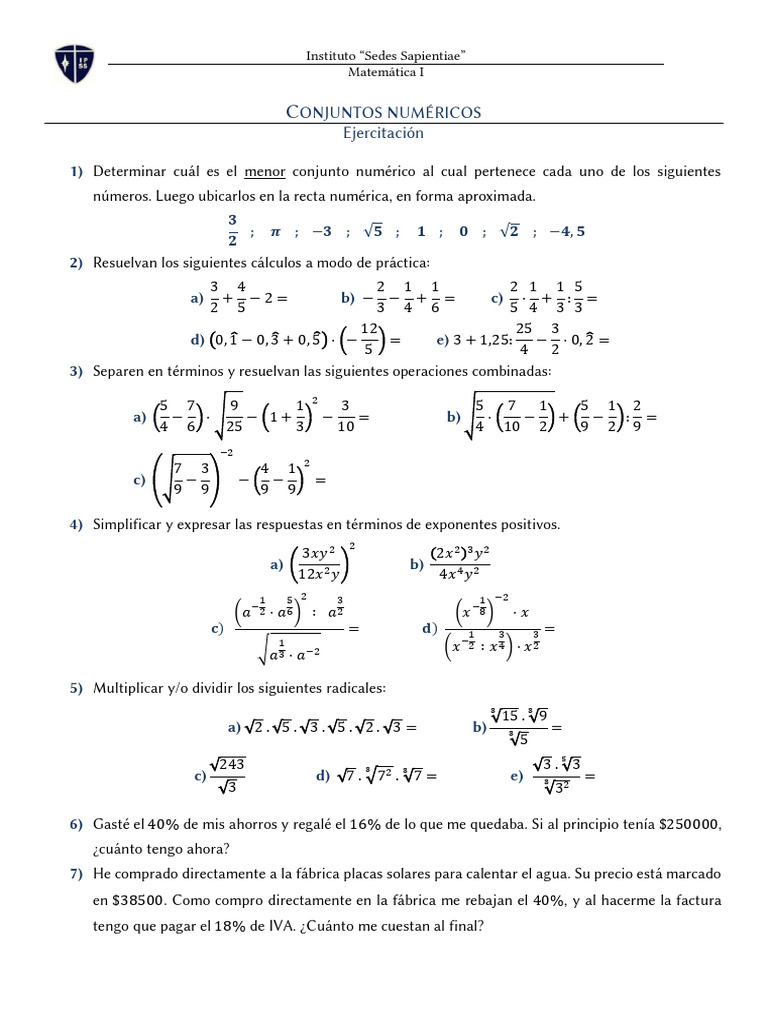 Ejercicios de Matemática I: Conjuntos Numéricos | PDF | Matemáticas ...