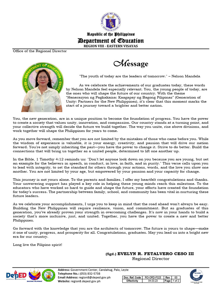 2025 Graduation Message by Evelyn Fetalvero | PDF