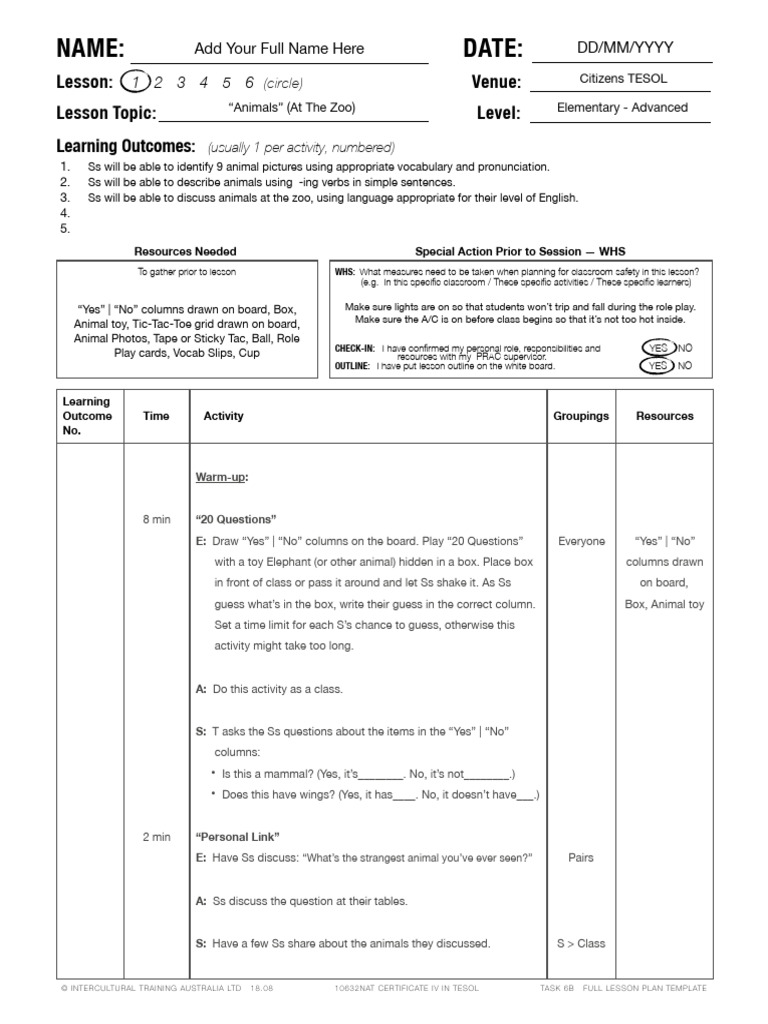 Animals - Vocabulary Lesson - Sample Lesson Plan - PRINT A PAPER ...