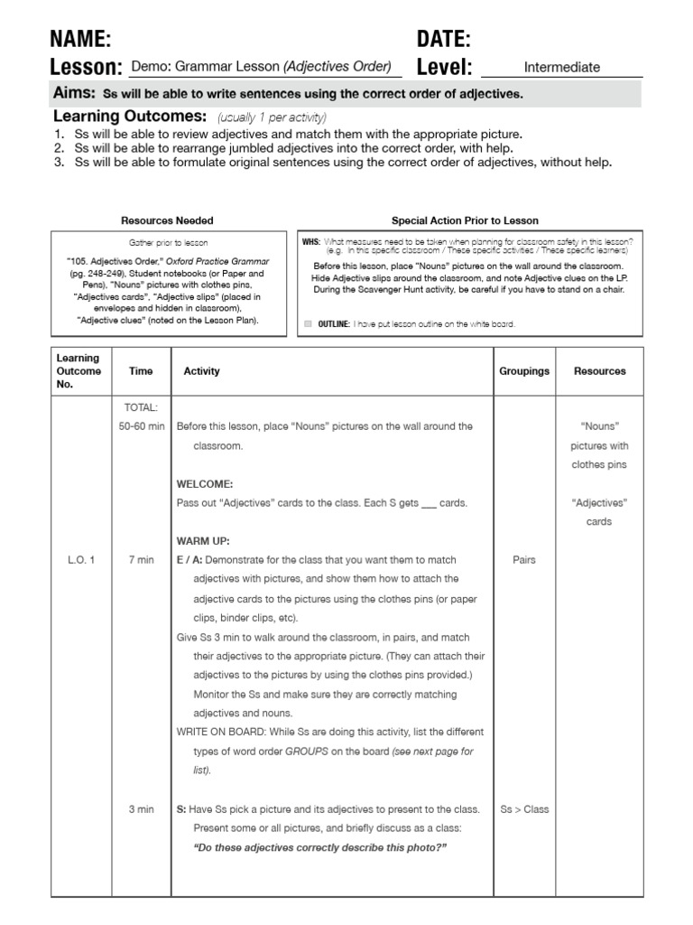 Order of Adjectives - Grammar Lesson - Sample Lesson Plan - PRINT A ...