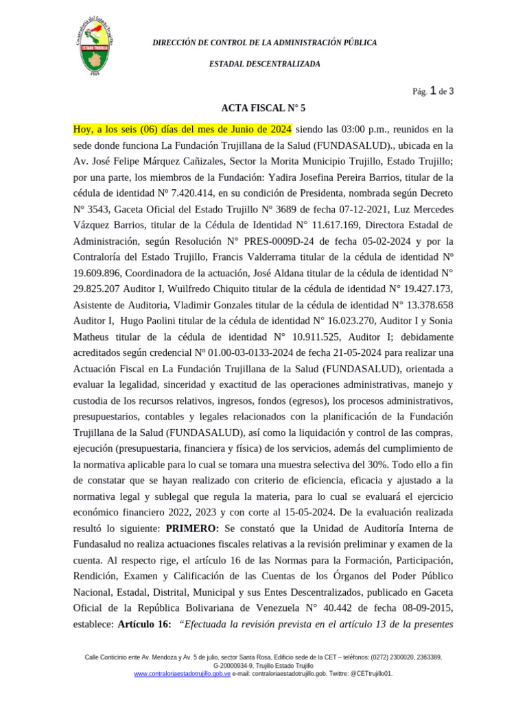 Acta #5FUNDASALUD 2024 | PDF | Auditoría | Gobierno