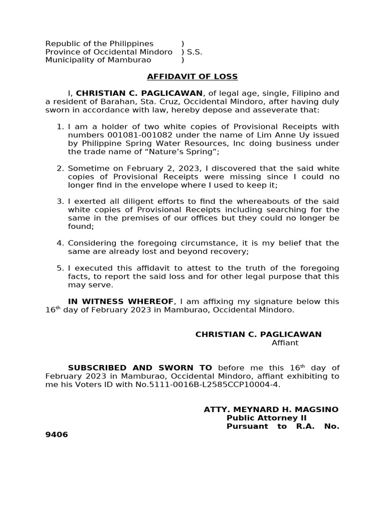 Affidavit of Loss PR Receipts | PDF