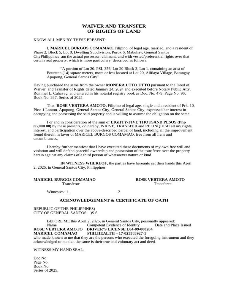 Land Rights Waiver and Transfer Agreement | PDF | Justice | Crime ...