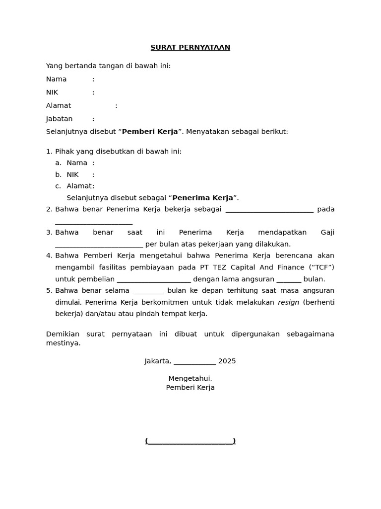 (Draf) Surat Pernyataan - Pemberi Kerja-1 | PDF