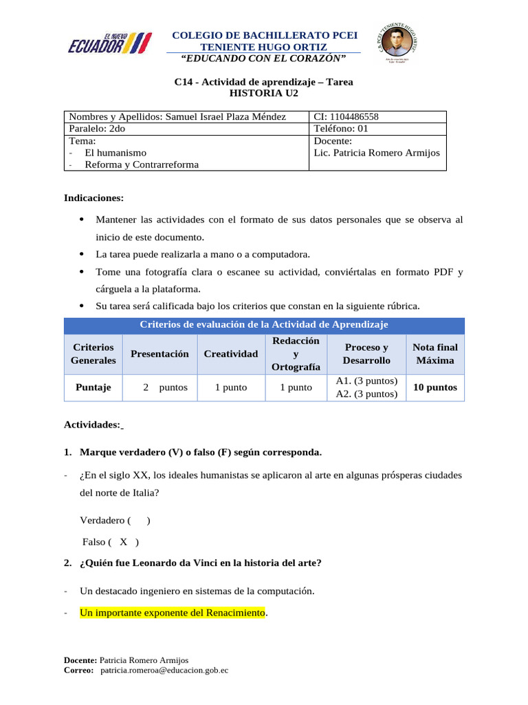 Actividad de aprendizaje-Tarea-HISTORIA-2do BGU-U2 | PDF