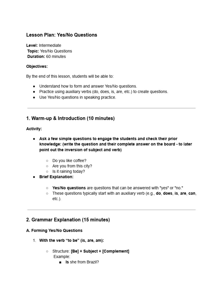 Lesson Plan_ Yes_No Questions | PDF | Question | Subject (Grammar)