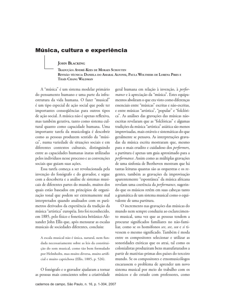 John Blacking Musica, Cultura e Experiencia | PDF | Sociologia | Pensamento