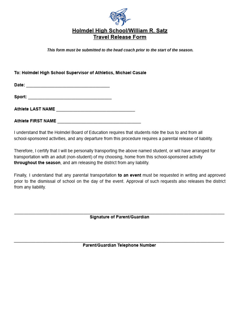 Holmdel High School Travel Release Form | PDF