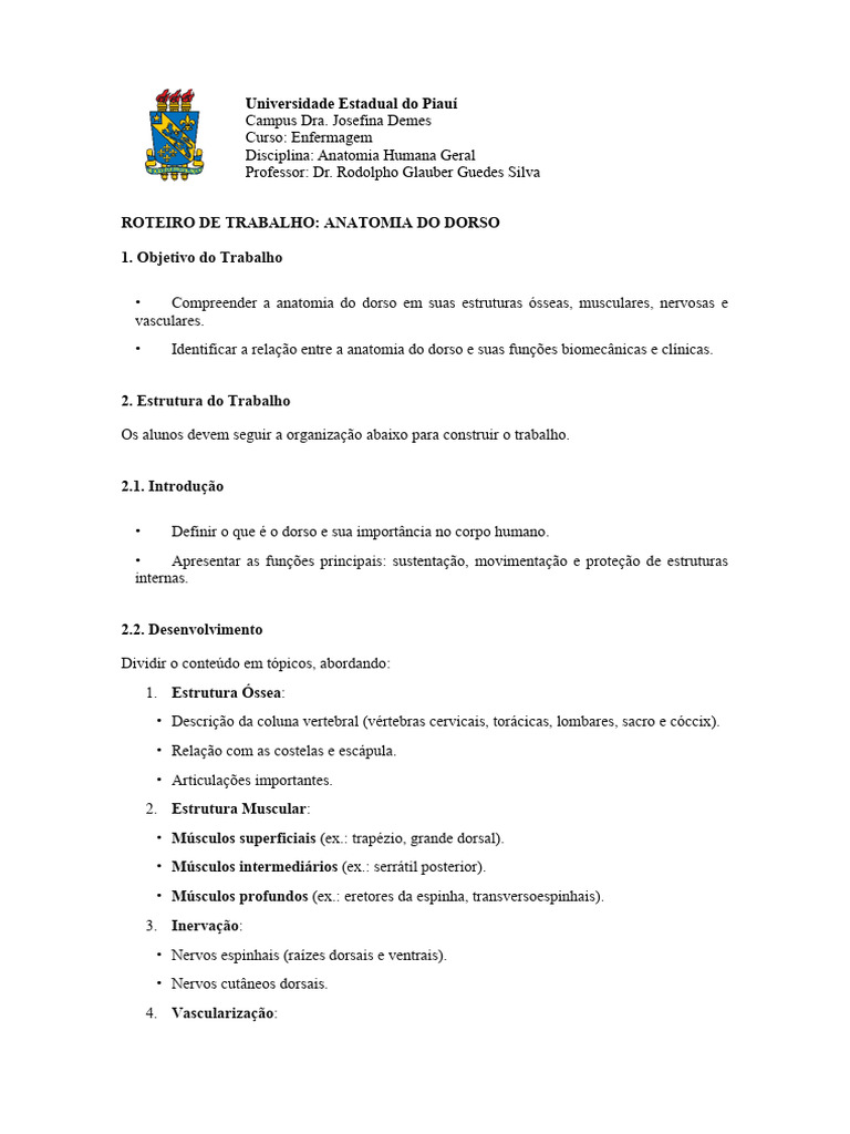Roteiro Dorso | PDF | Coluna vertebral | Anatomia