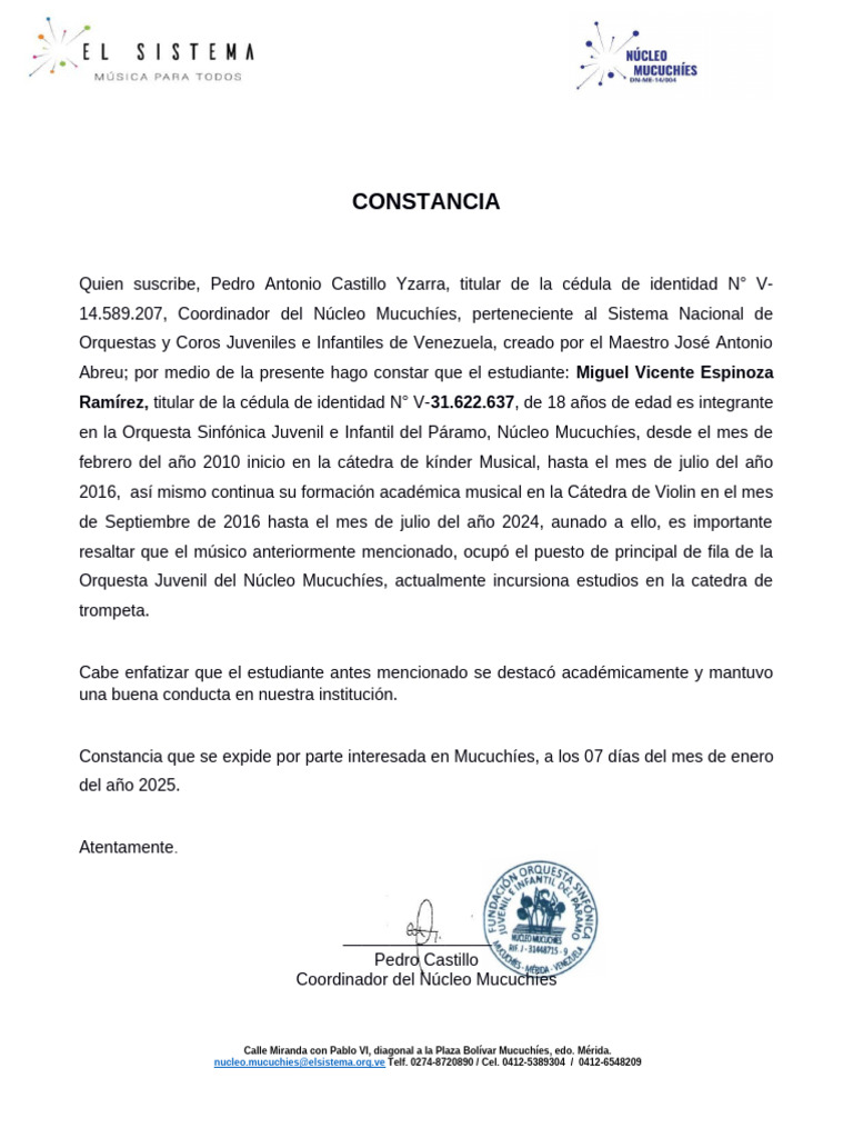 Constancia de Formación Musical de Estudiante | PDF