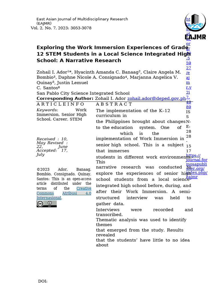 Thesis Exploring The Work Immersion | PDF | Résumé | Learning