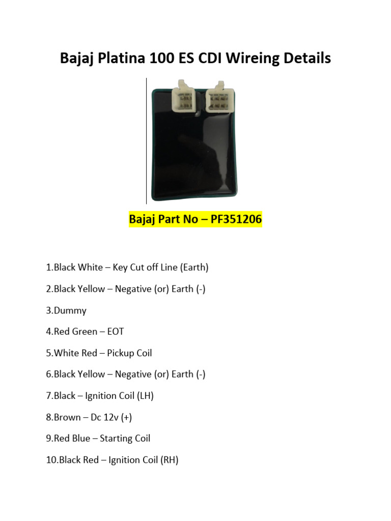 Bajaj Platina 100 ES CDI Wiring Guide | PDF