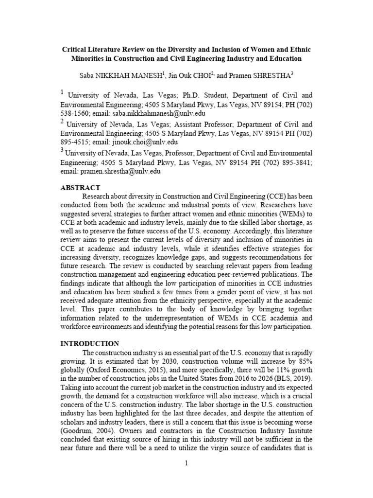 Critical Literature Review on the Diversity and Inclusion of Women and ...