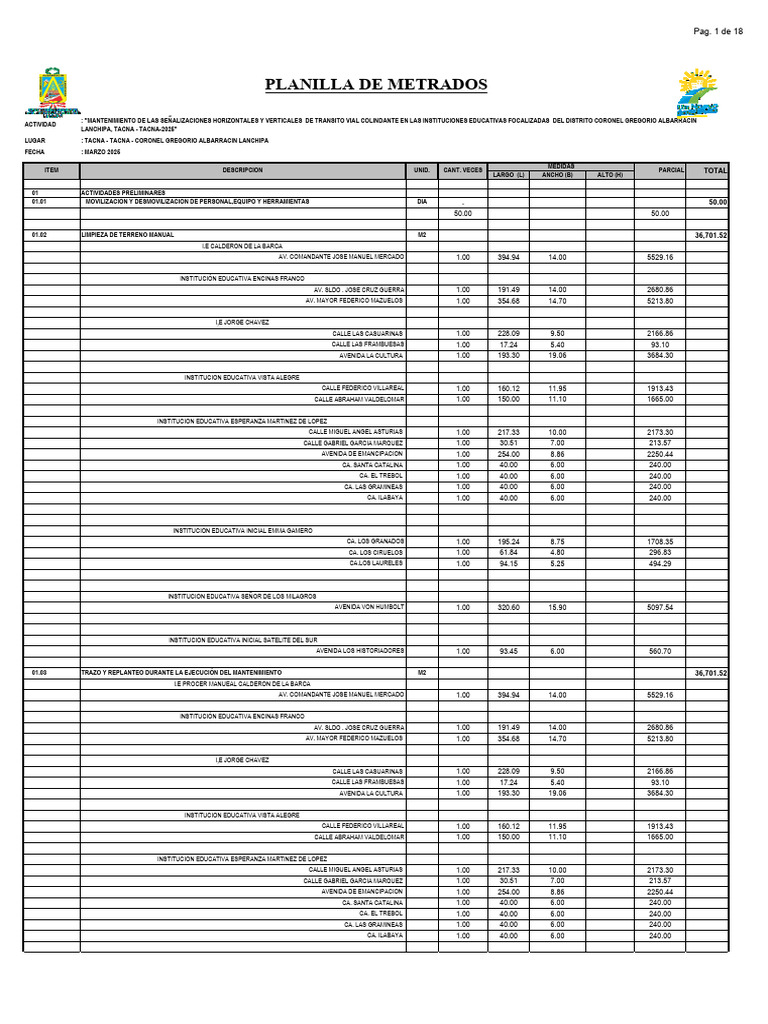PLANILLA DE METRADOS DE SEÑALIZACIONES 202555555 | PDF