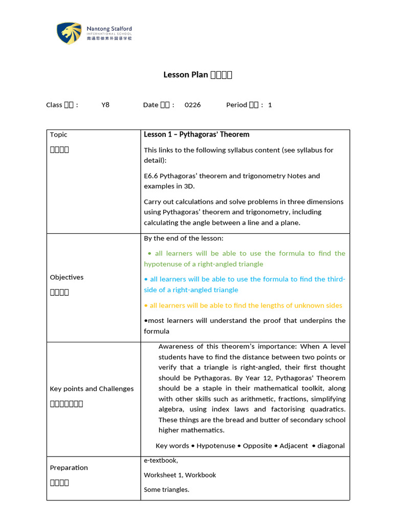 Lesson Plan1 of y8 Math_chapter 9_Pythagoras | PDF | Triangle | Euclidean Plane Geometry