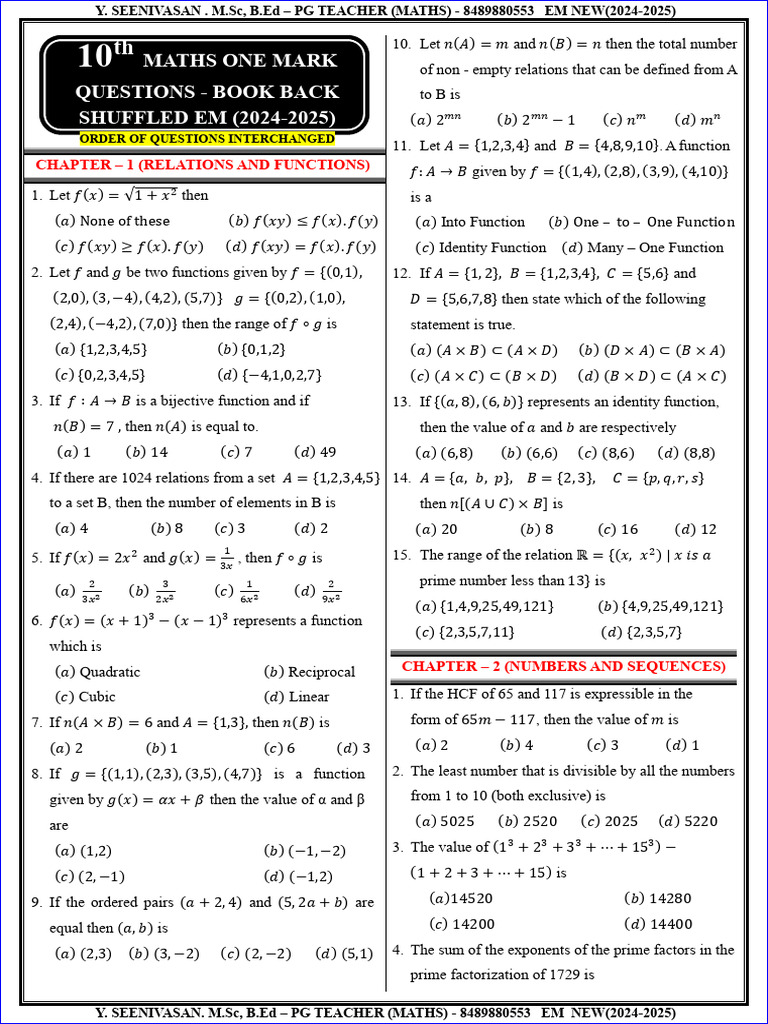 10th Maths One Mark Questions PDF | PDF | Number Theory | Algebra