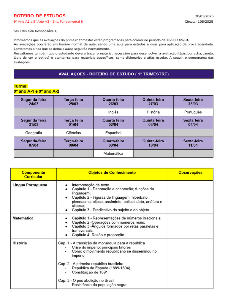 Circular 108 - Roteiro de Estudos - 9º Ano A1 e 9º Ano A2 - Ens. Fundamental II | PDF | Célula ...