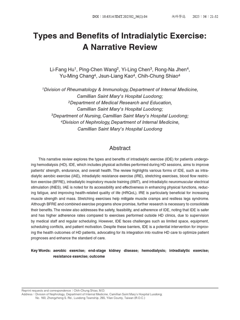 Intradialytic Exercise: Types & Benefits | PDF | Chronic Kidney Disease ...