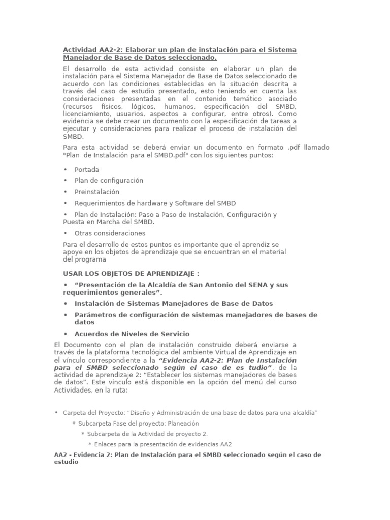 Actividad AA2 Plan de Instalcion | PDF | Aprendizaje | Bases de datos