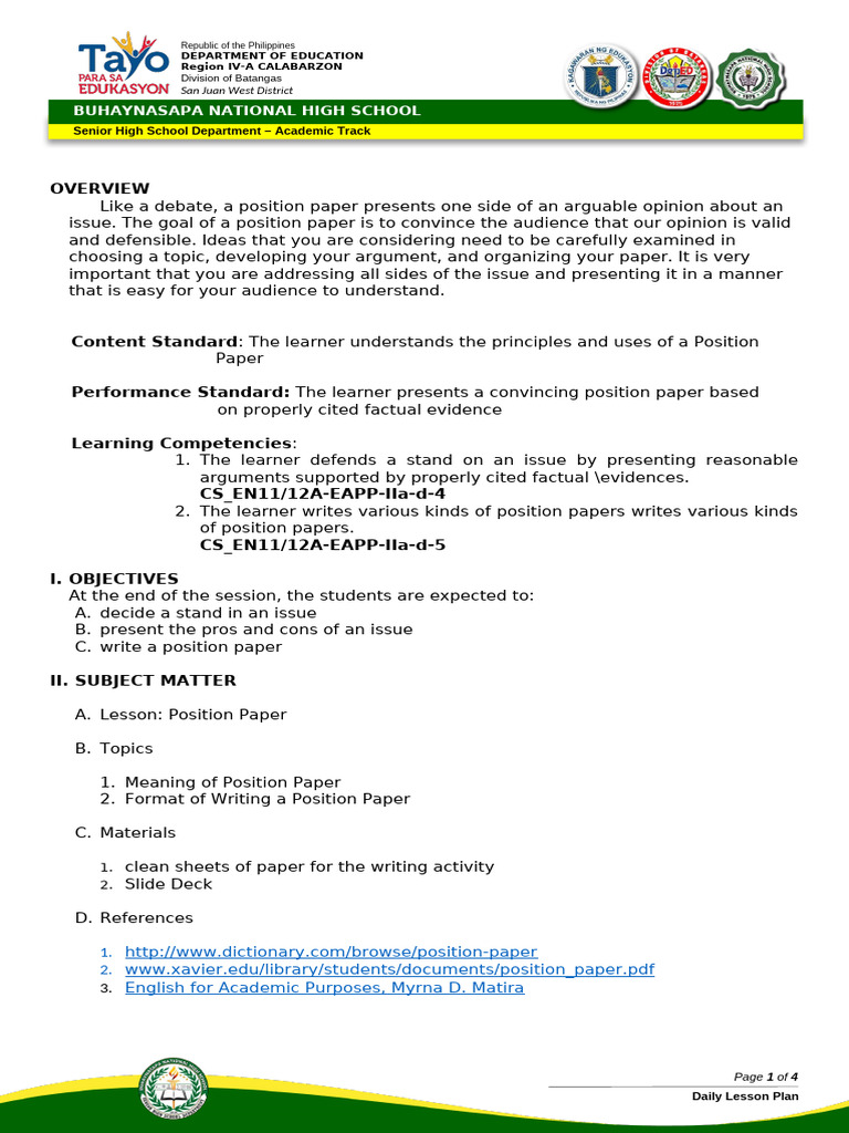 Writing Effective Position Papers | PDF | Lesson Plan | Learning