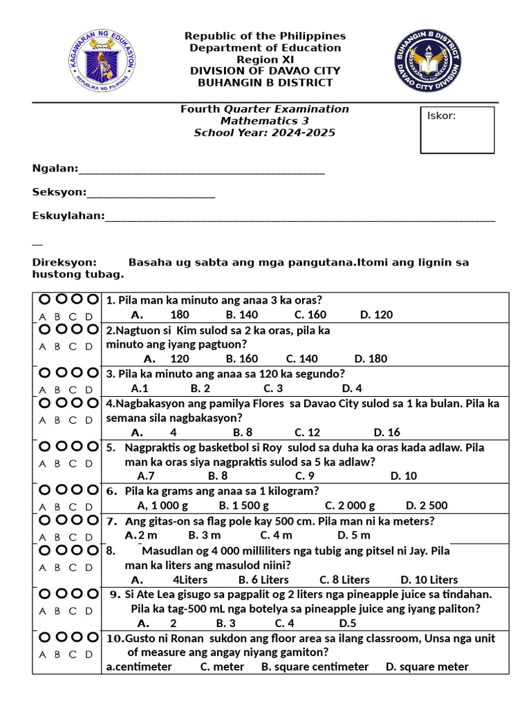Quarterly Test Q4 - Math 3 | PDF