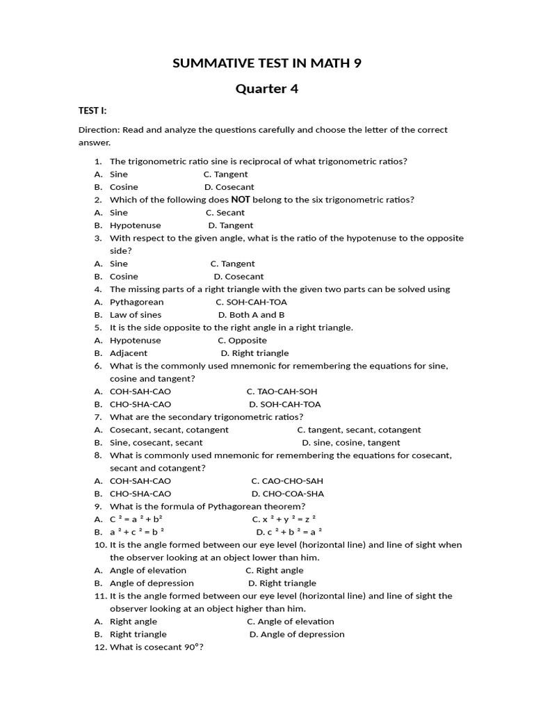 Summative Test in Math 9 | PDF | Trigonometric Functions | Trigonometry