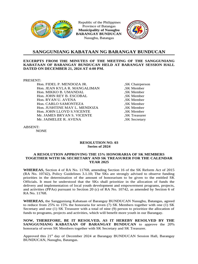 SK Honoraria 2025 Percent Resolution-3-2024 | PDF | Youth Organizations