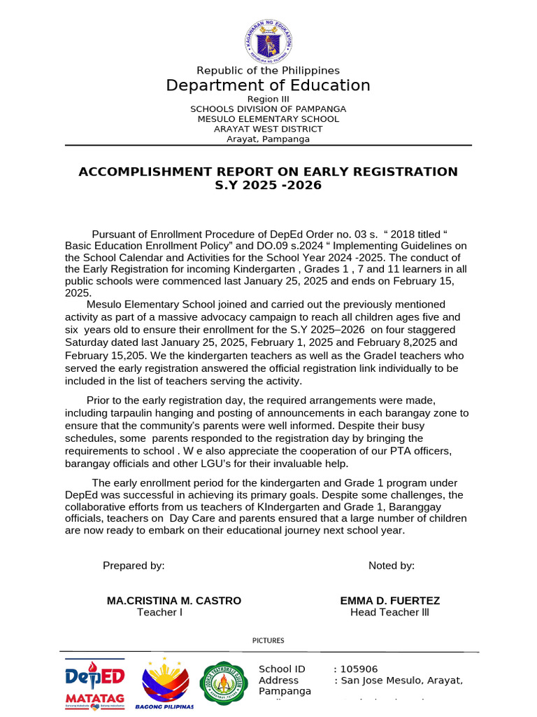 Early Registration Accomplishment Report | PDF | Kindergarten | Social ...
