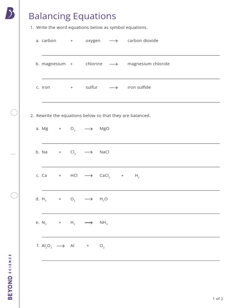 Balancing Equations Worksheet | PDF