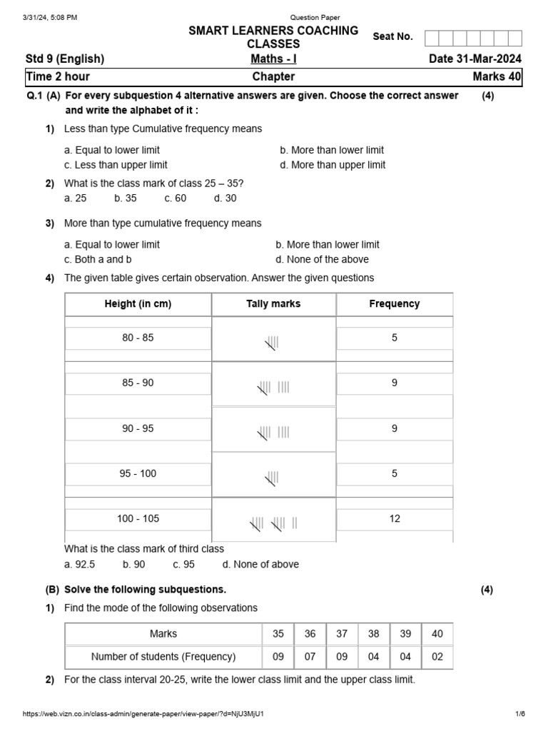 7 Statistics Question Paper | PDF