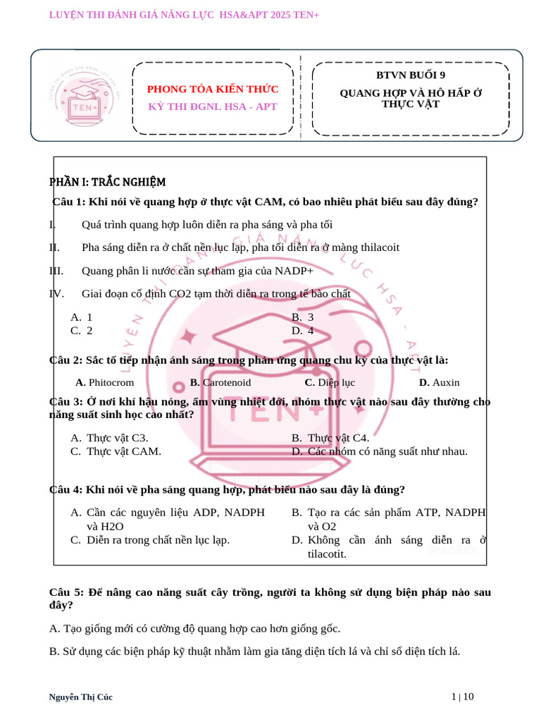BTVN Buổi 9 - Quang Hợp Và Hô Hấp | PDF