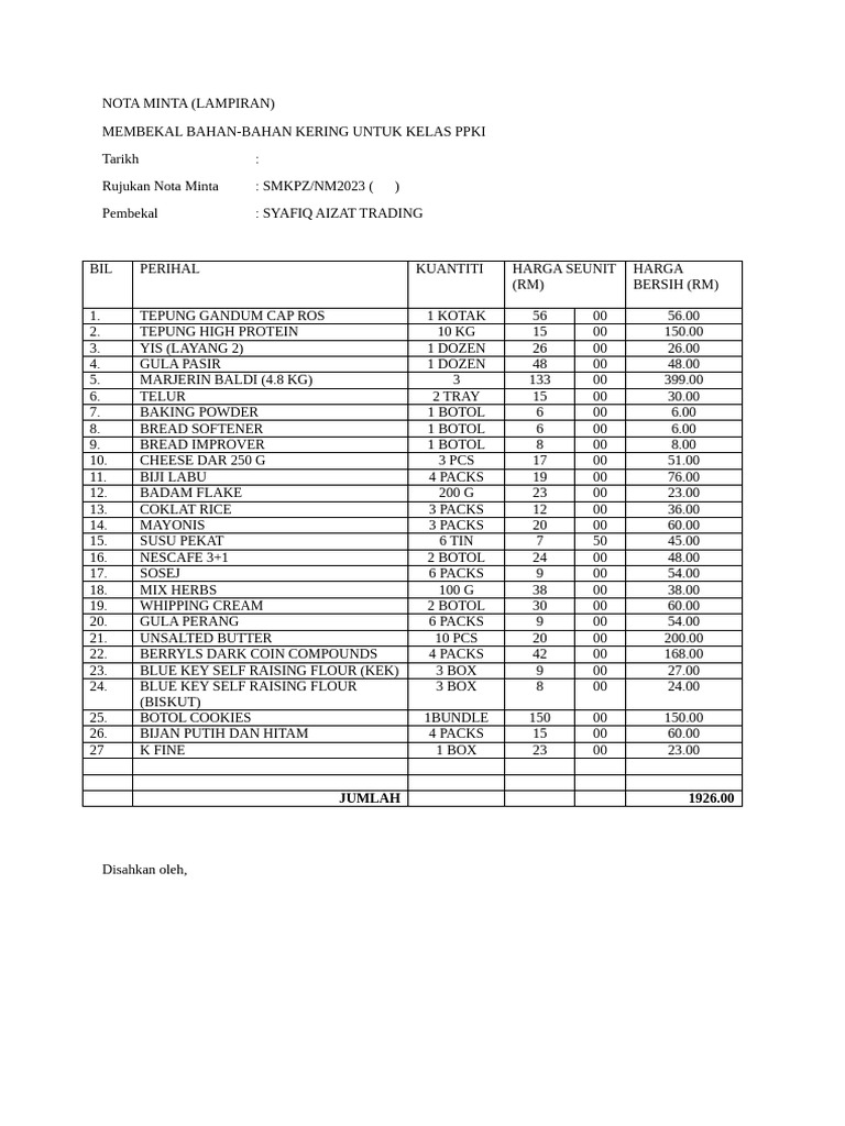Nota Minta Bahan Kering | PDF | Staple Foods | Baking