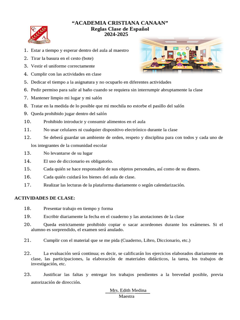 Reglas de Clase de Español 2024-2025 | PDF