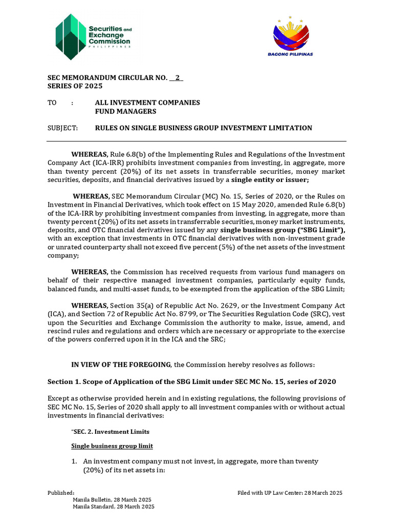 2025MC - SEC MC No. 2, S, of 2025 Rules On Single Business Group ...