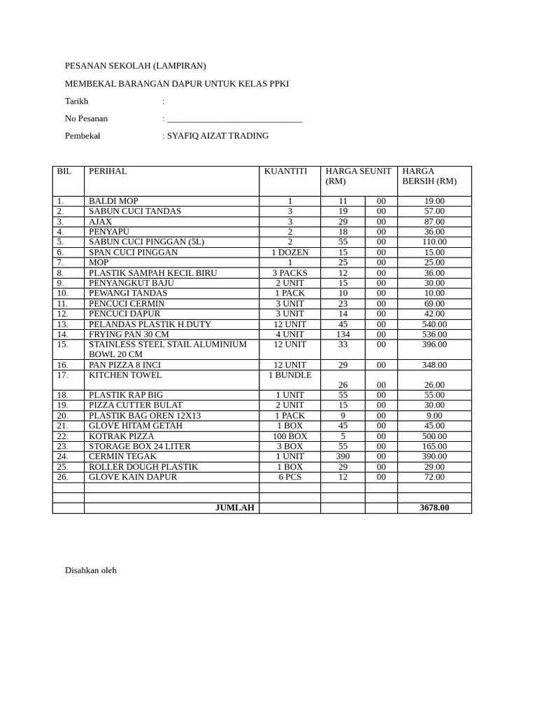 PESANAN SEKOLAH BRG DAPOR | PDF