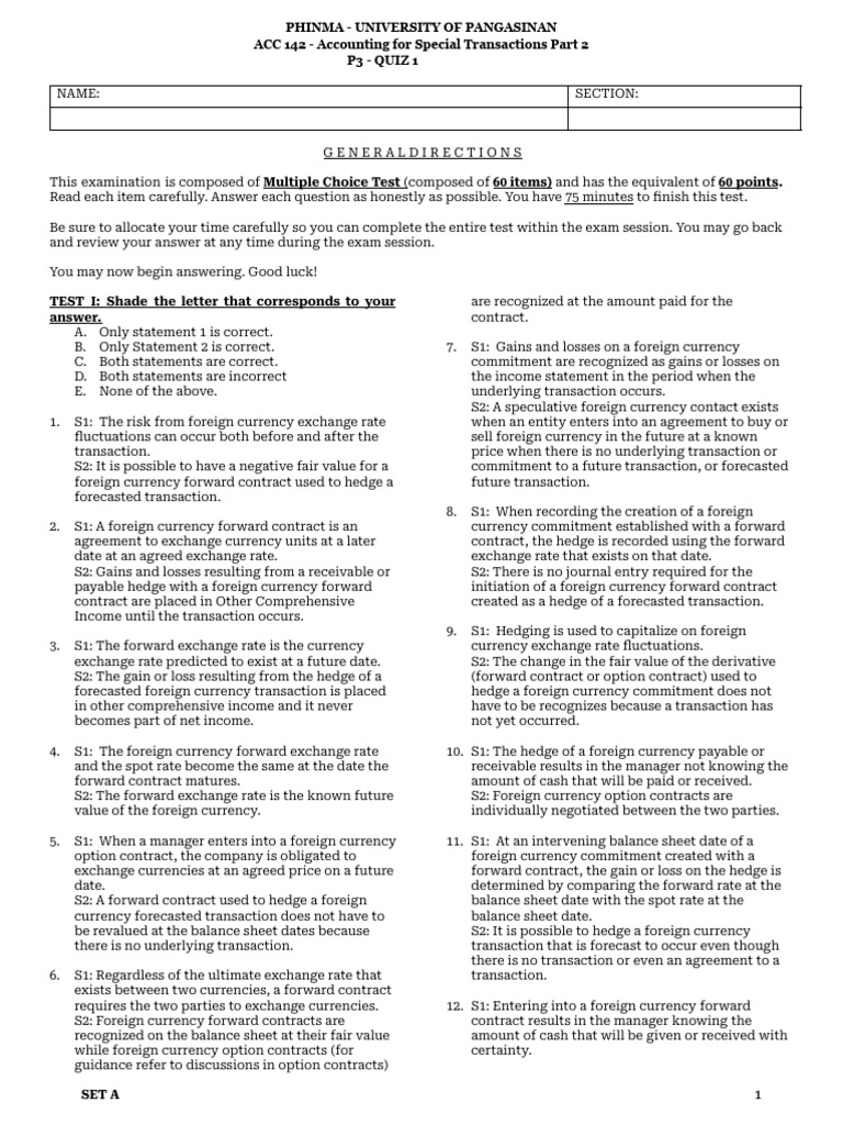 Acc - p3 Quiz 1 Questionnaire | PDF | Hedge (Finance) | Expense