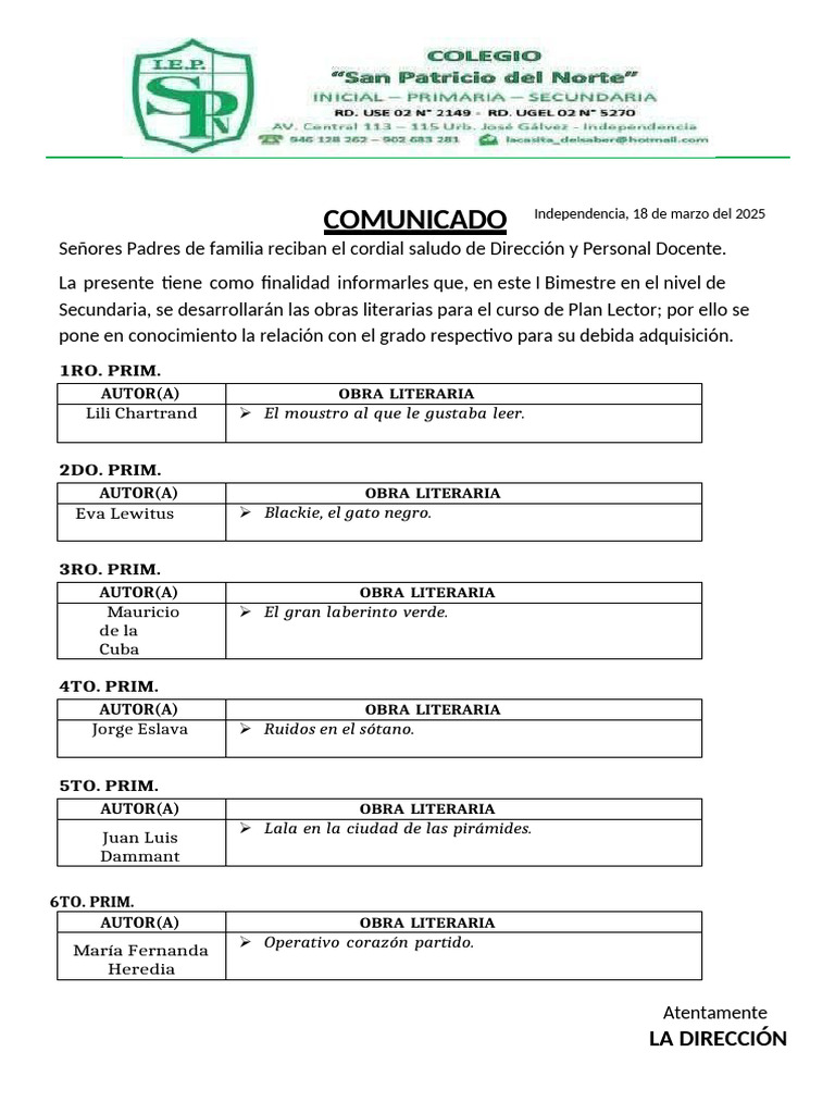 Comunicado - Plan Lector - Primaria-1 | PDF