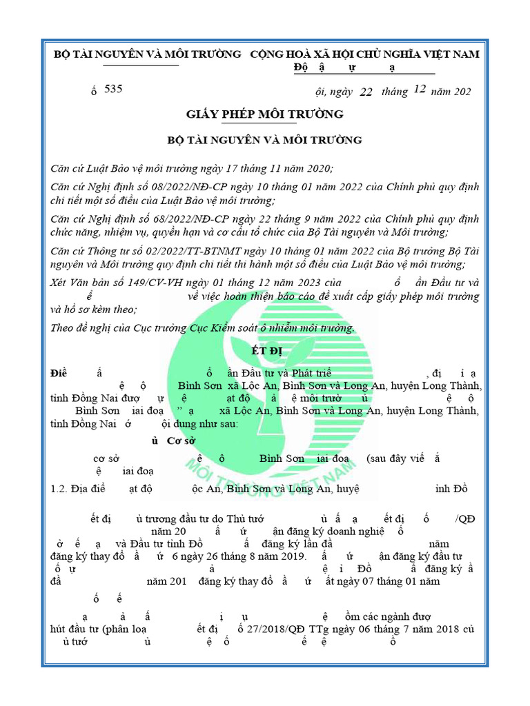 Giấy Phép Môi Trường KCN 22.12.2023 | PDF