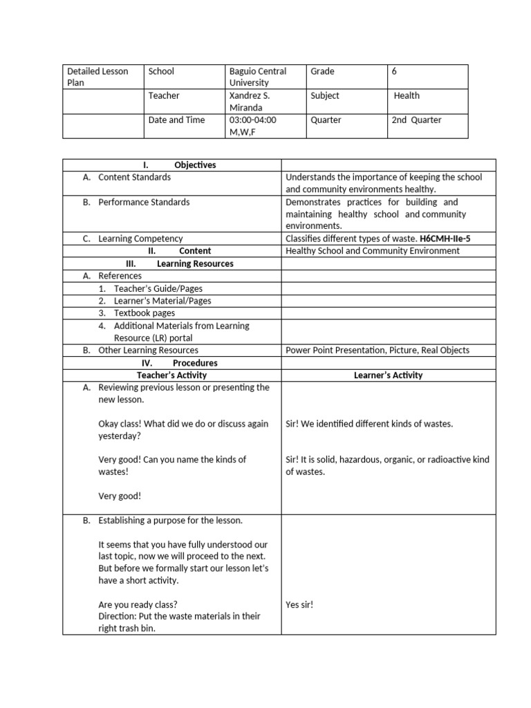 Grade 6 Health Lesson Plan on Waste Management | PDF | Biodegradation ...