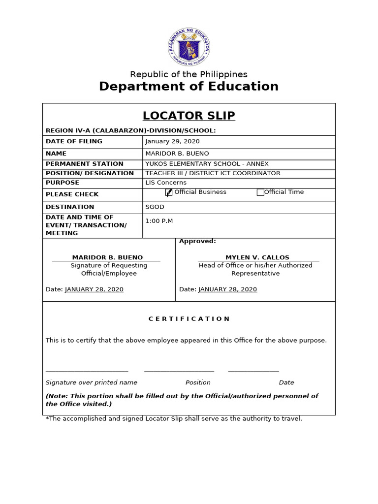 Locator Slip SDO AND SCHOOLS | PDF
