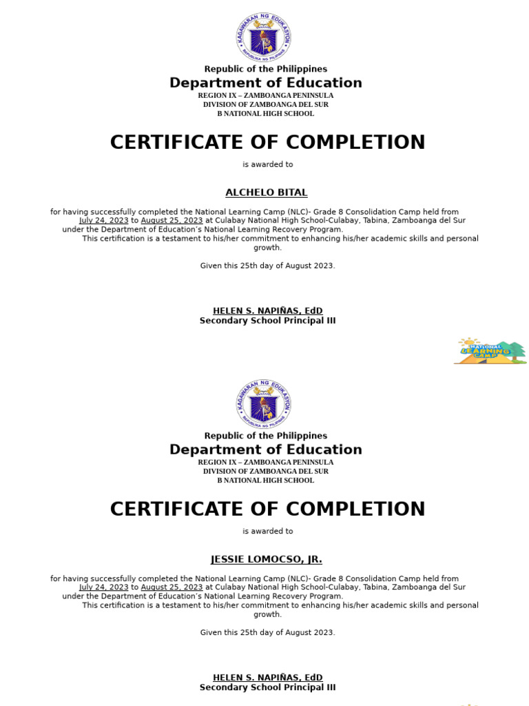 Final Certificate of Completion Culabay NHS | PDF | Philippines ...