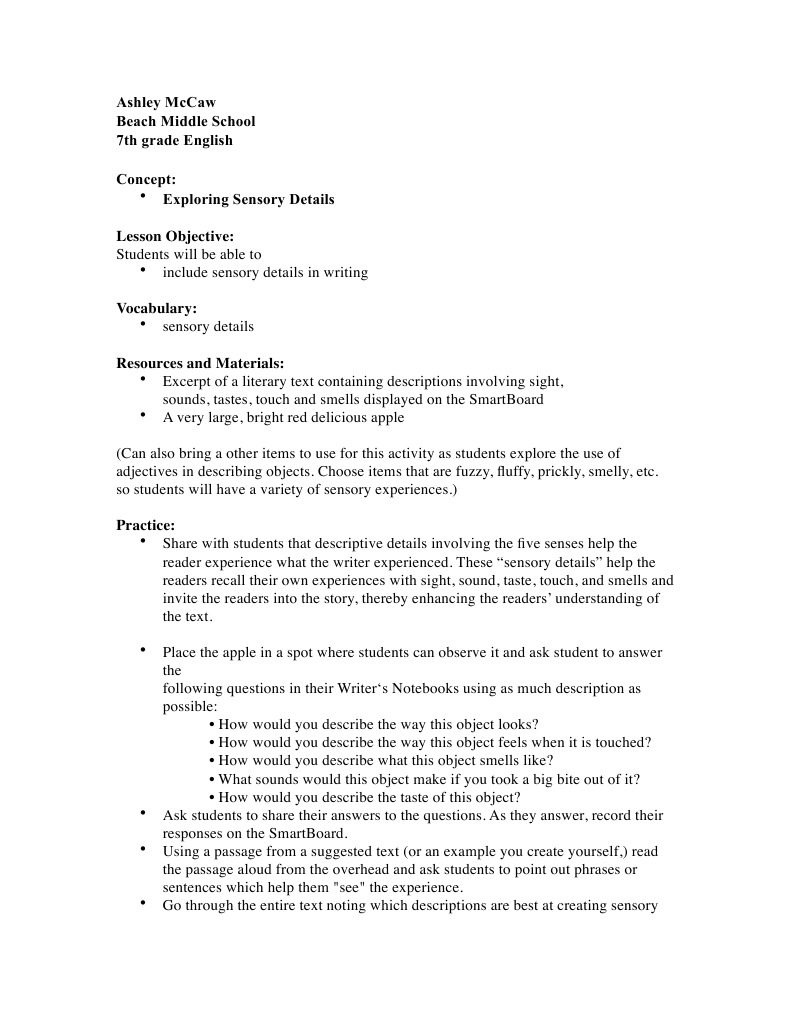Sensory Details Lesson Plan | PDF | Senses | Perception