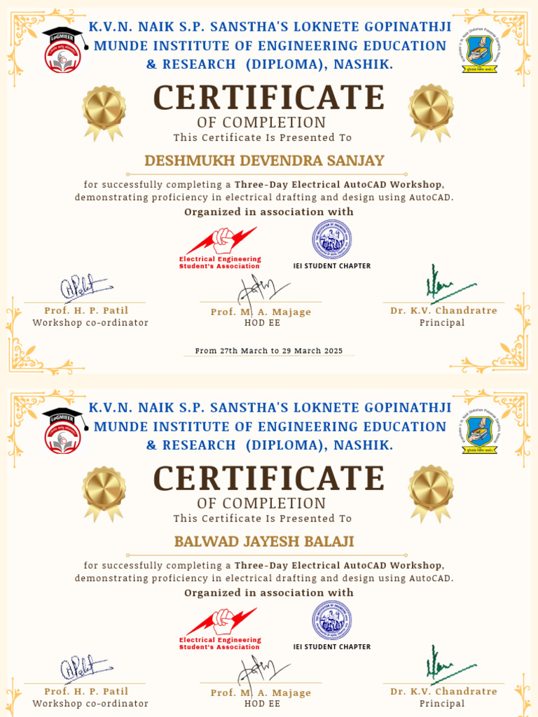 AutoCAD Workshop Completion Certificate | PDF