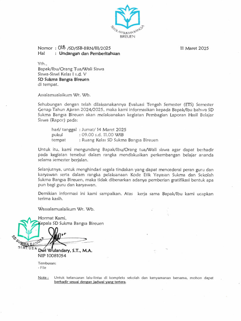 Surat Pem. Bagi Rapor SD Kelas 1-5. | PDF